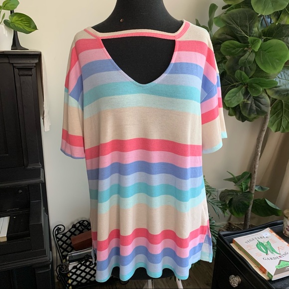 Hopely | Tops | Hopely Stripped Pink Blue Cutout Neck Top | Poshmark